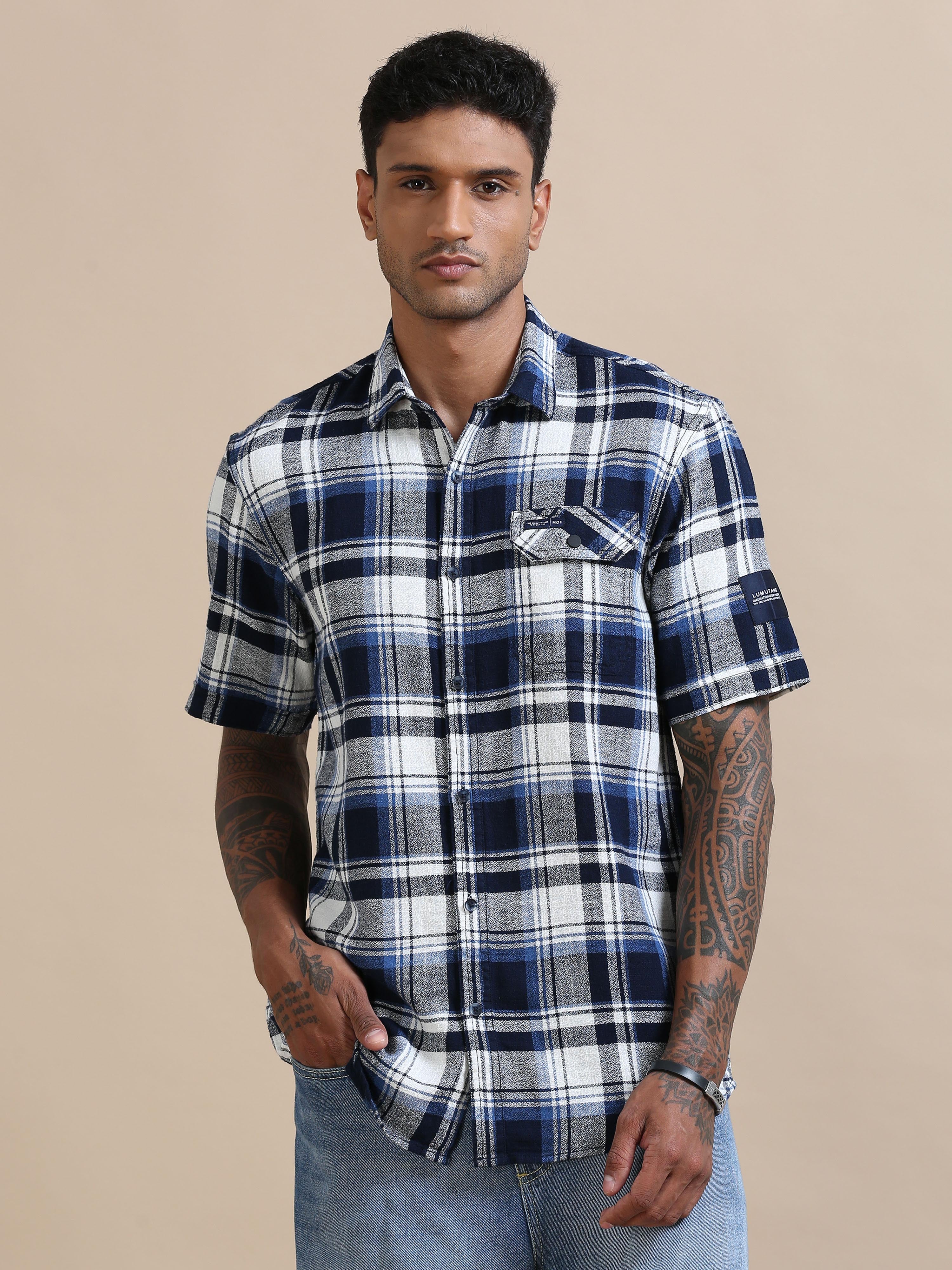 Buy Striking Blue And Black Check Shirt For Men Online