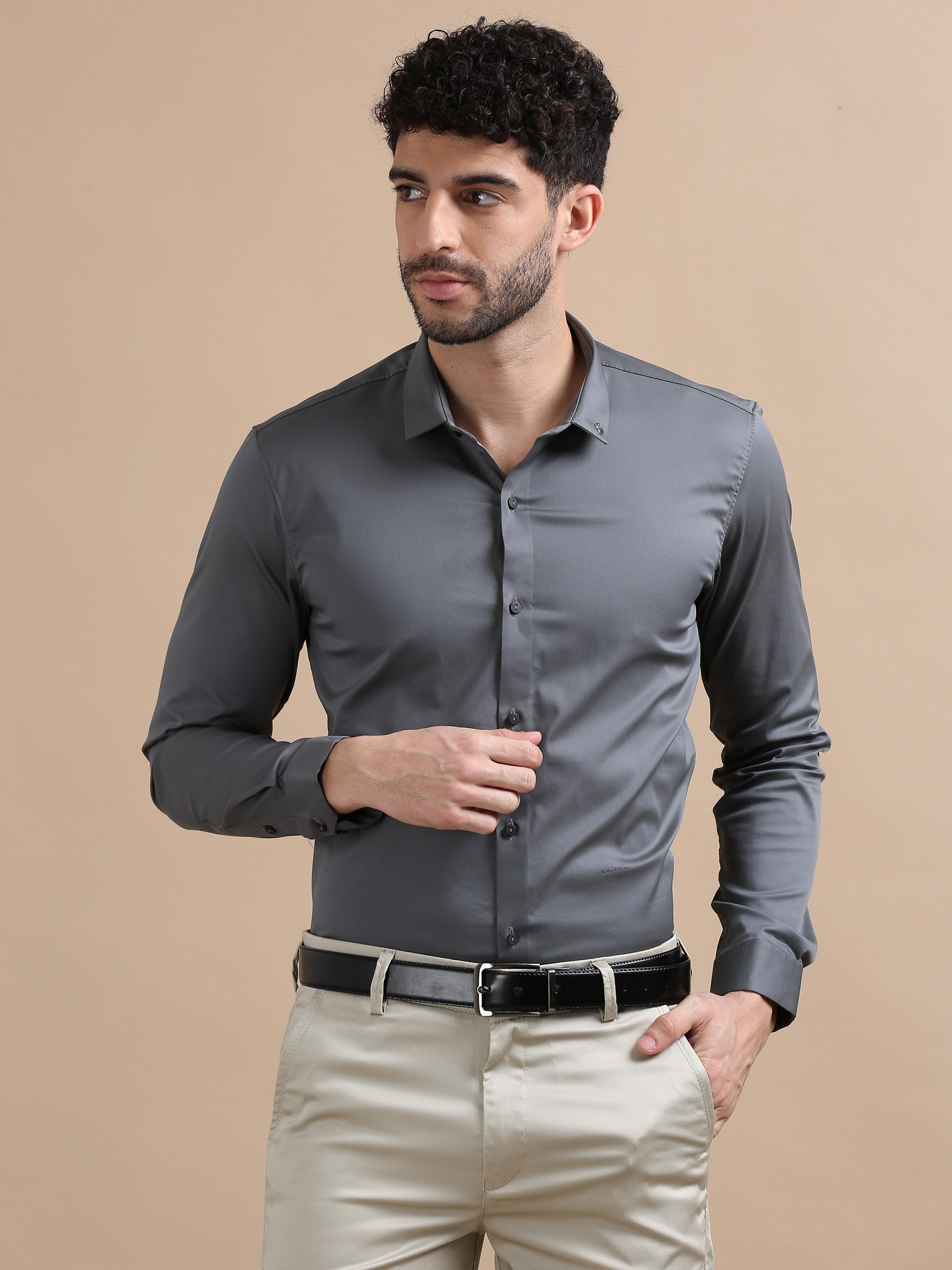Buy Poly Lycra Full Sleeves Solid Grey Shirt for Men Online