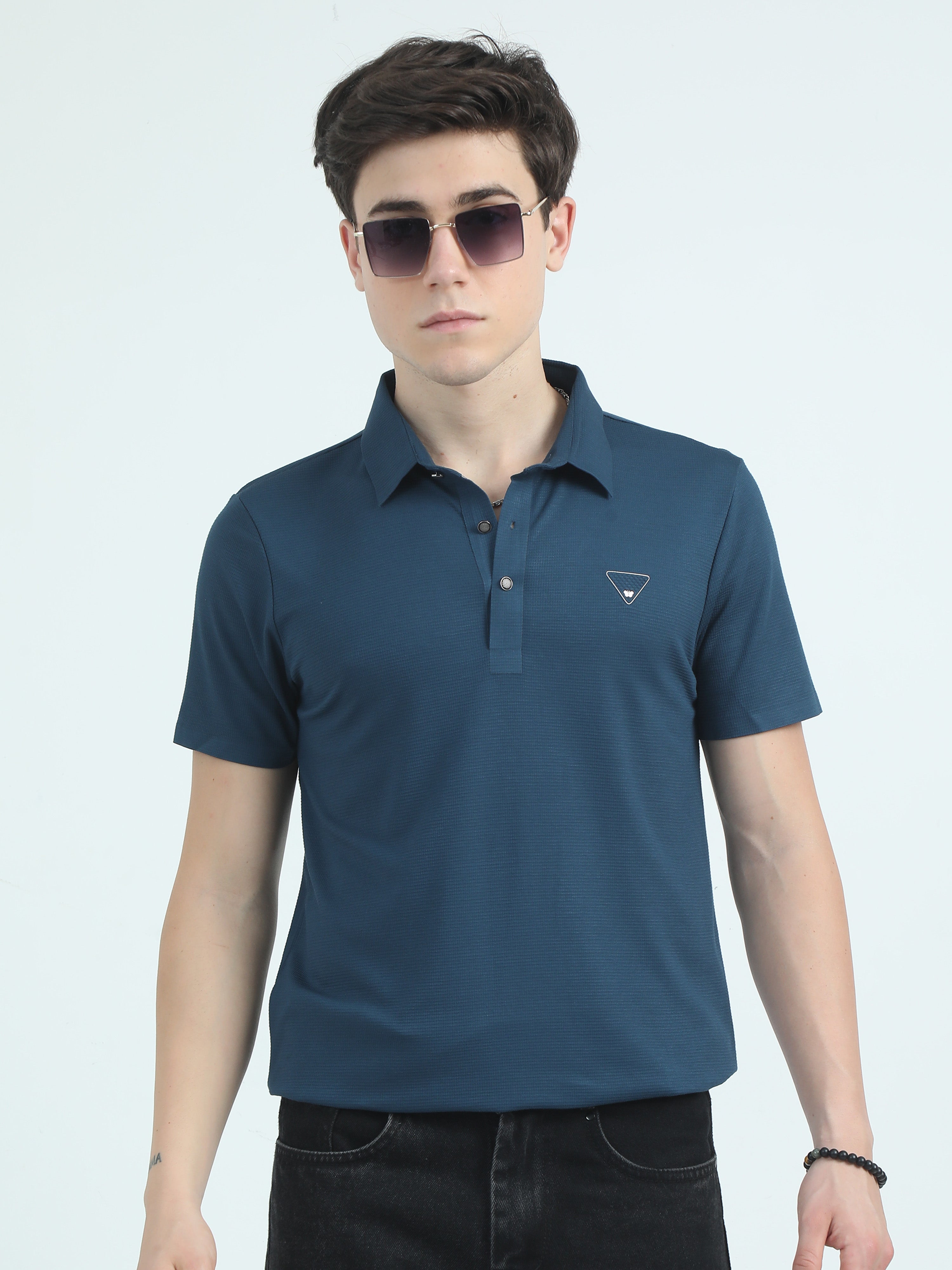 Shop Box Dobby Nylon Poly Blue Polo T-Shirt Men Online