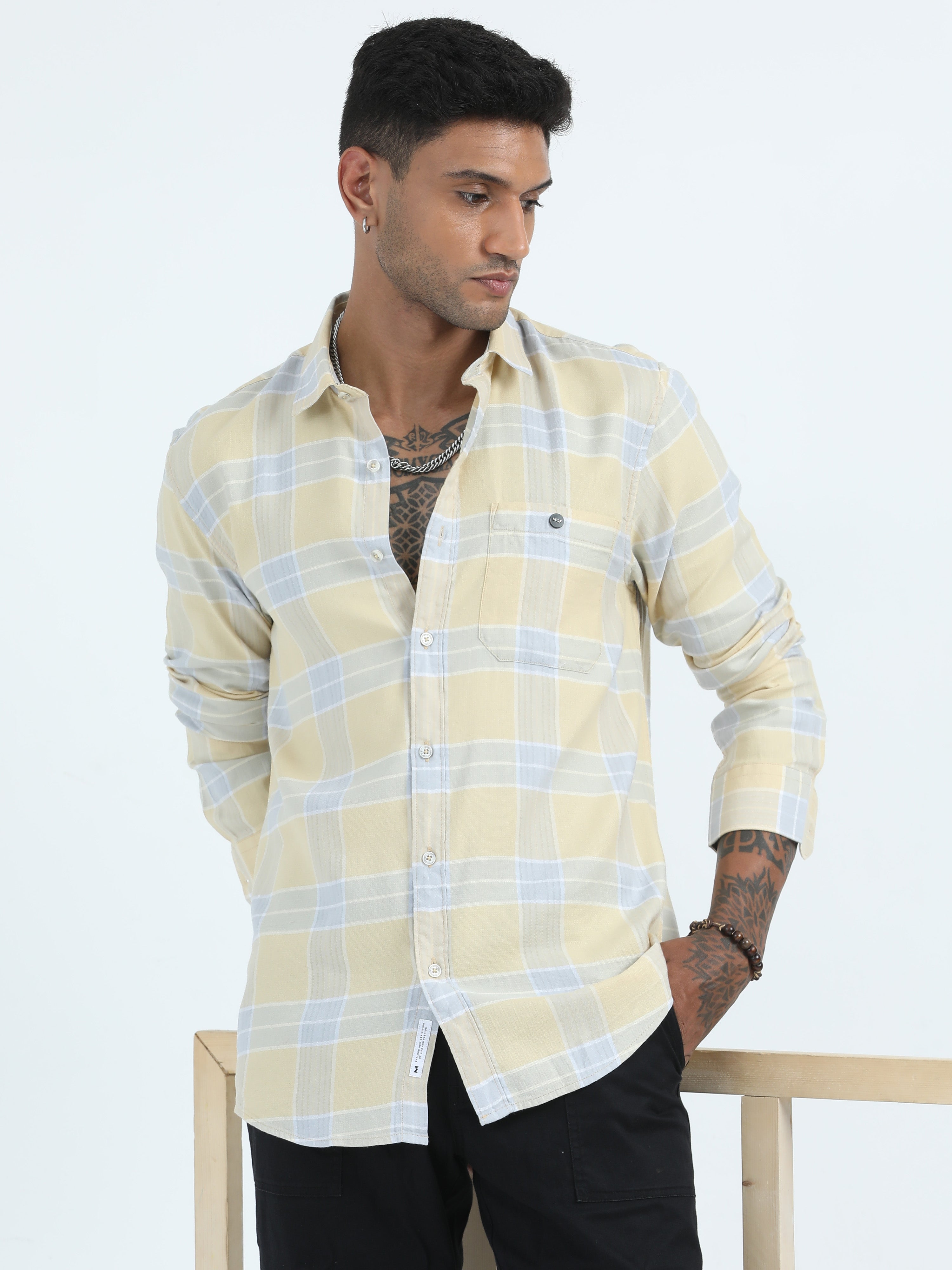 Buy Box Dobby Yellow Check Shirt For Men Online In India