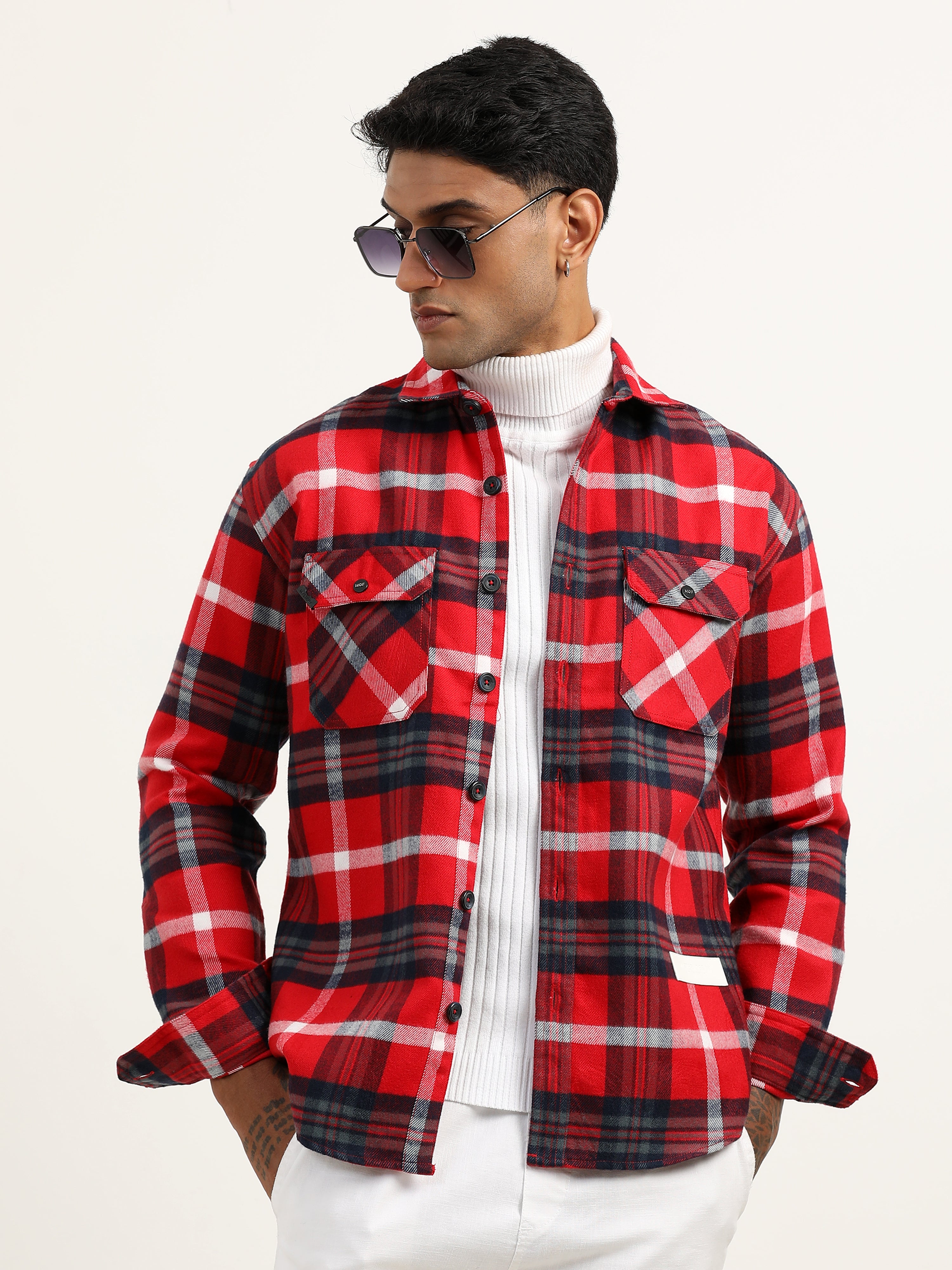 Shop Red Brushed Twill Checked Best Shackets For Men Online