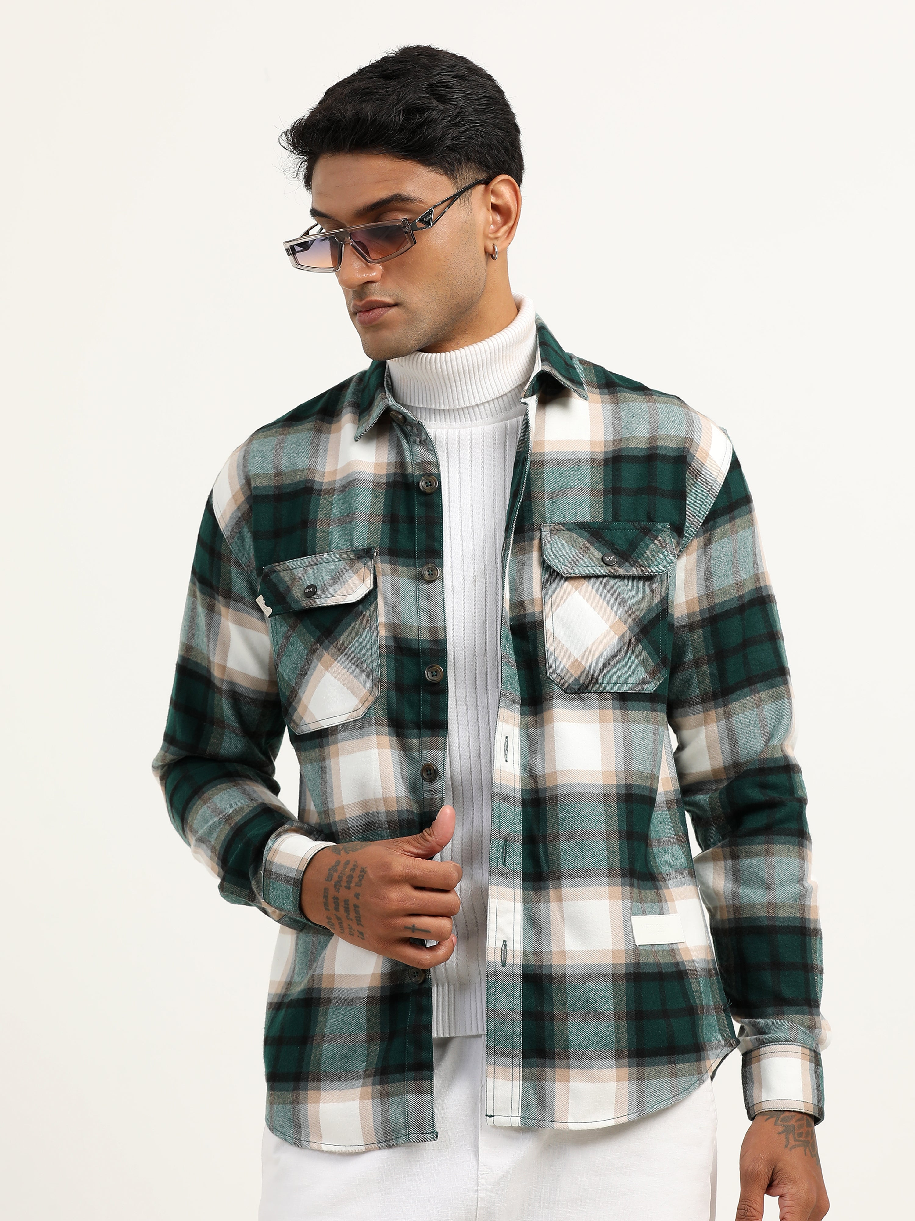 Shop Brushed Twill Checked Men's Green Shacket Online