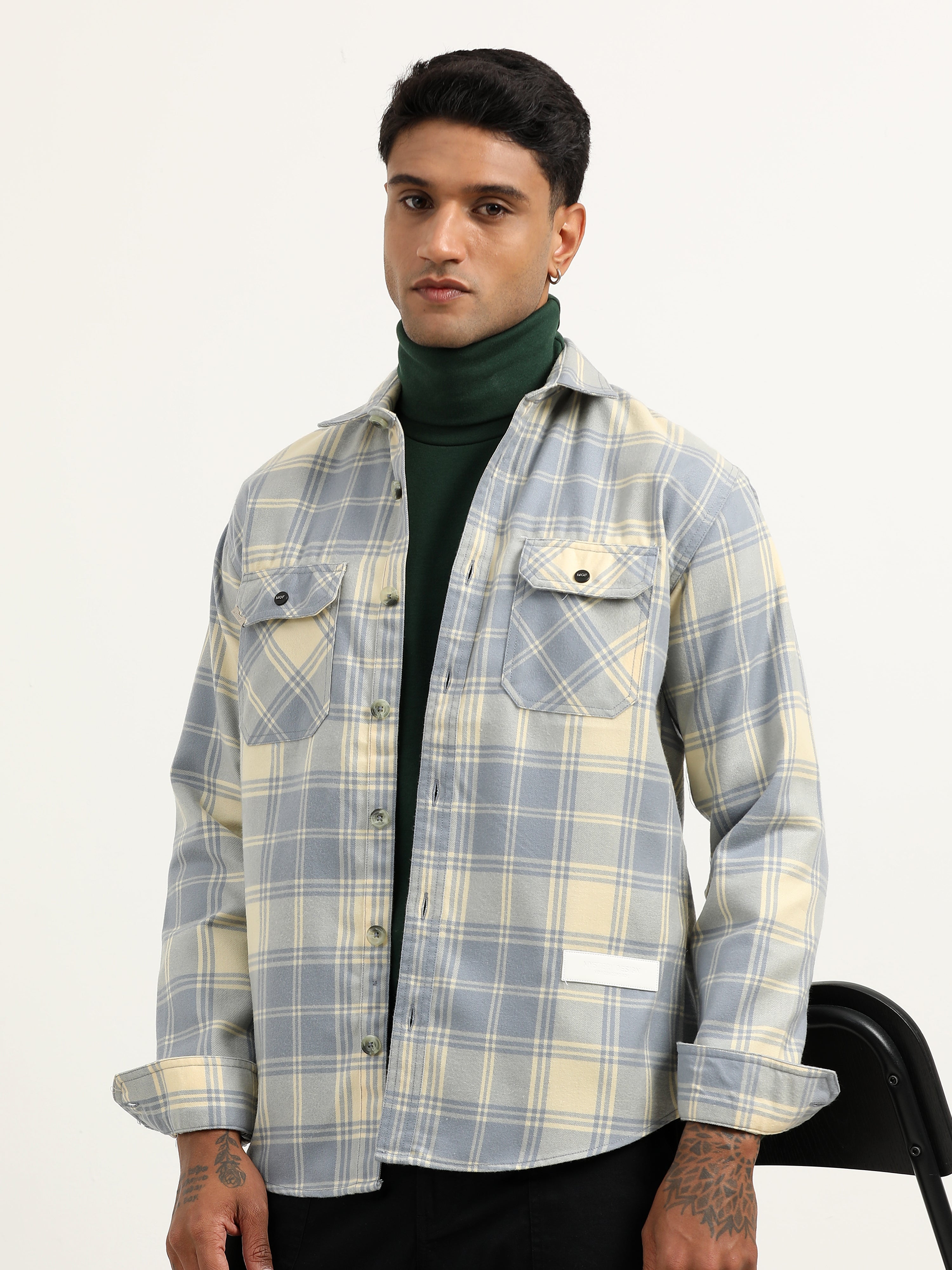 Buy Herringbon Checks Light Blue Shacket For Men