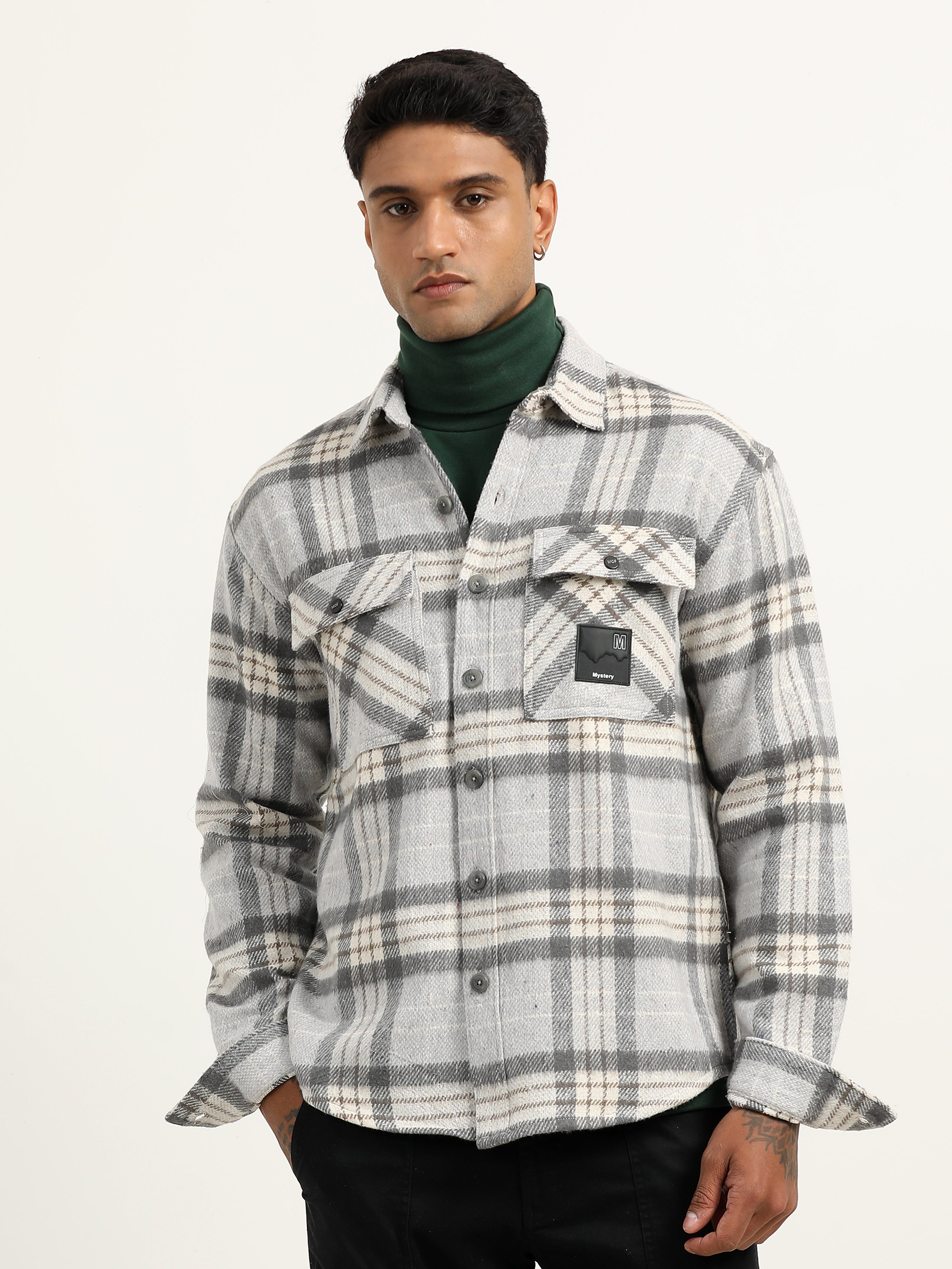 Buy Brushed Twill Checked Grey Shacket For Men Online