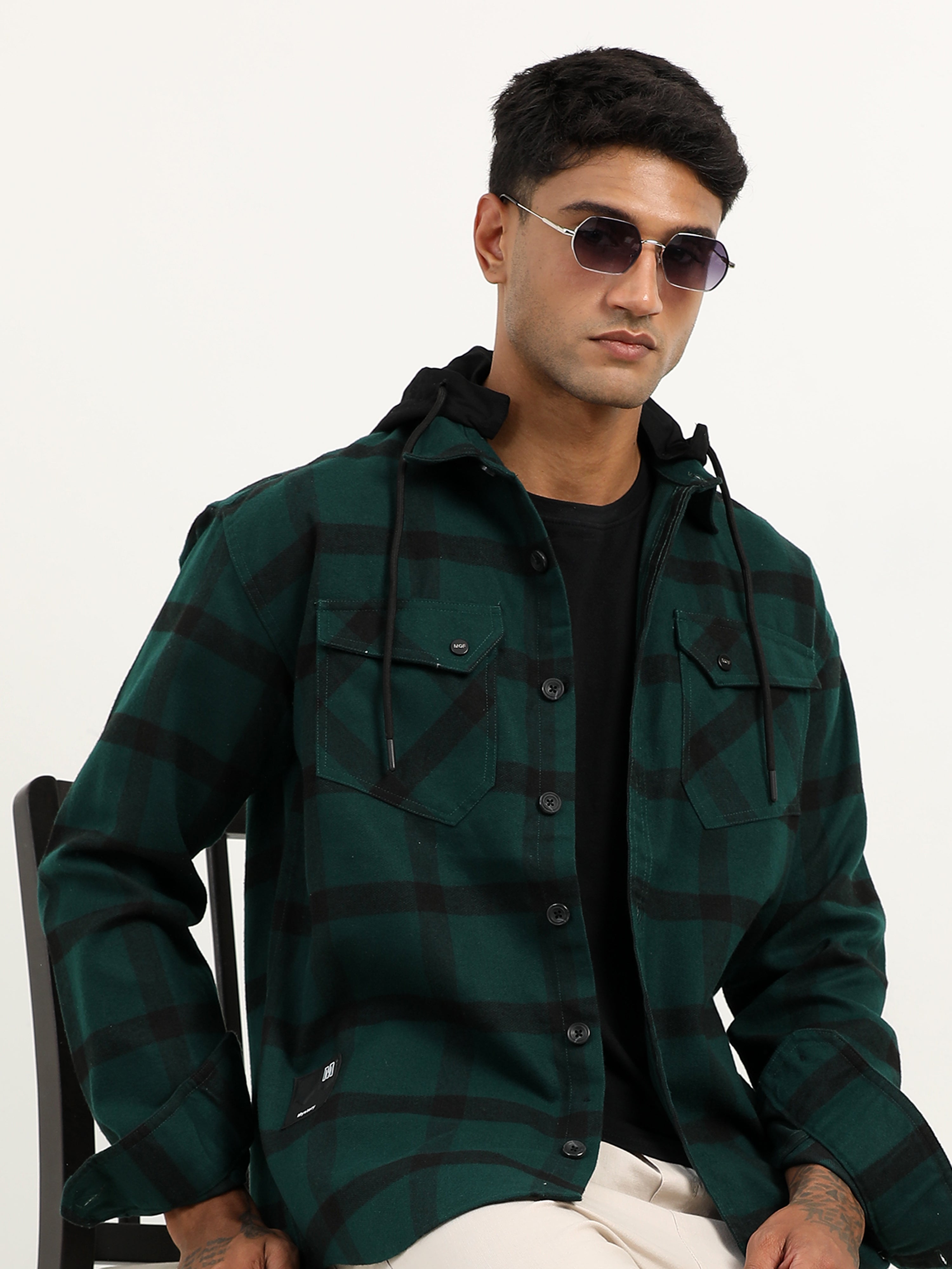 Buy Brushed Twill Hooded Checked Green Shacket For Men