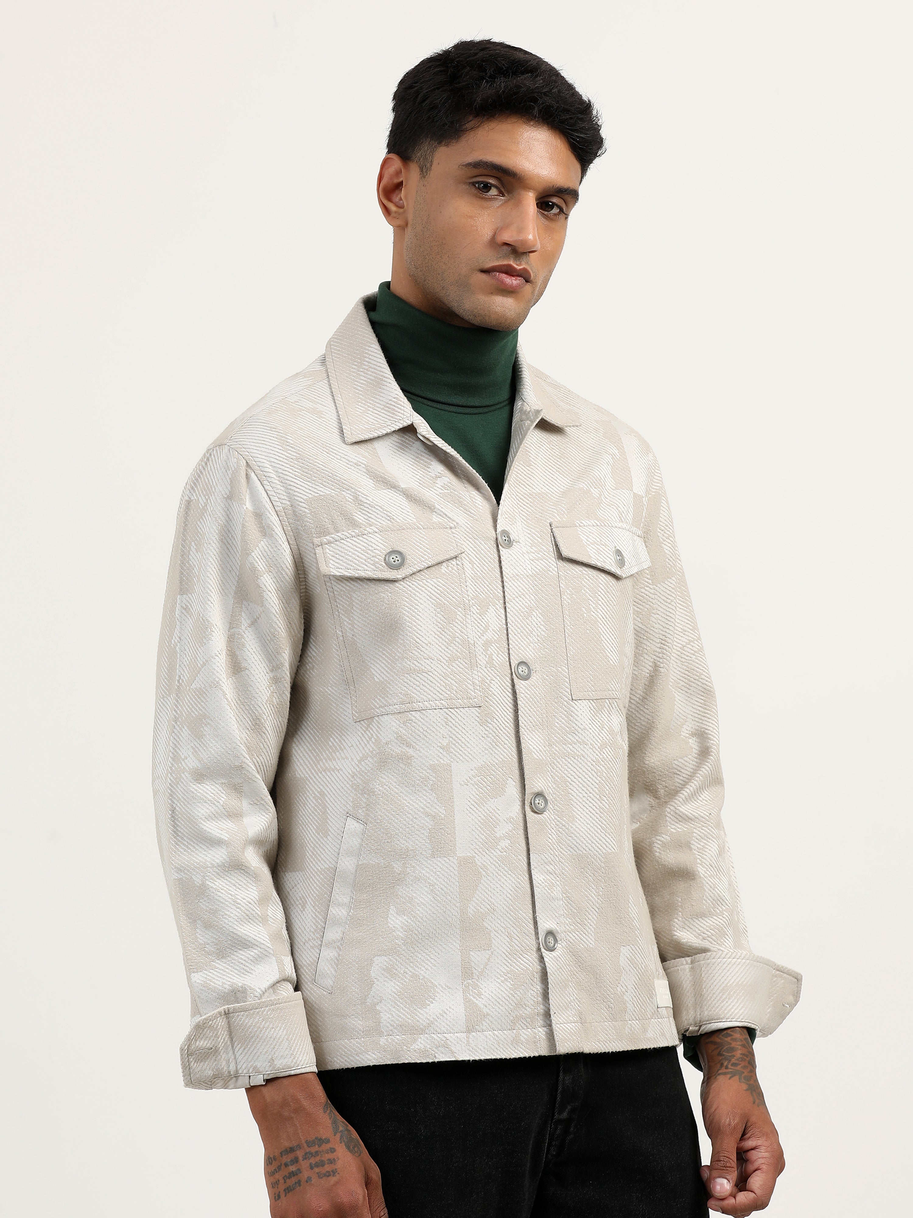Shop Jacquard Print Beige Shacket Men Online